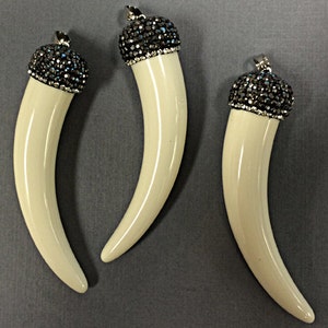 Pave Black Diamond Rhinestone Capped Bone Horn Pendant Cream ,3.25 ...