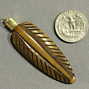 Carved Bone Feather Pendant With Gold Cap 2.7", 68 Mm X20 Mm, Brown ...