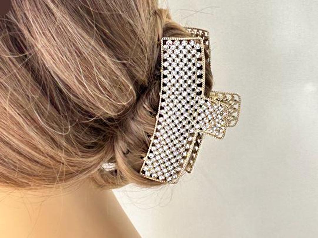 Big Metal Rectangle Rhinestone Claw Clip, Gold Diamond Hair Claw Clip ...
