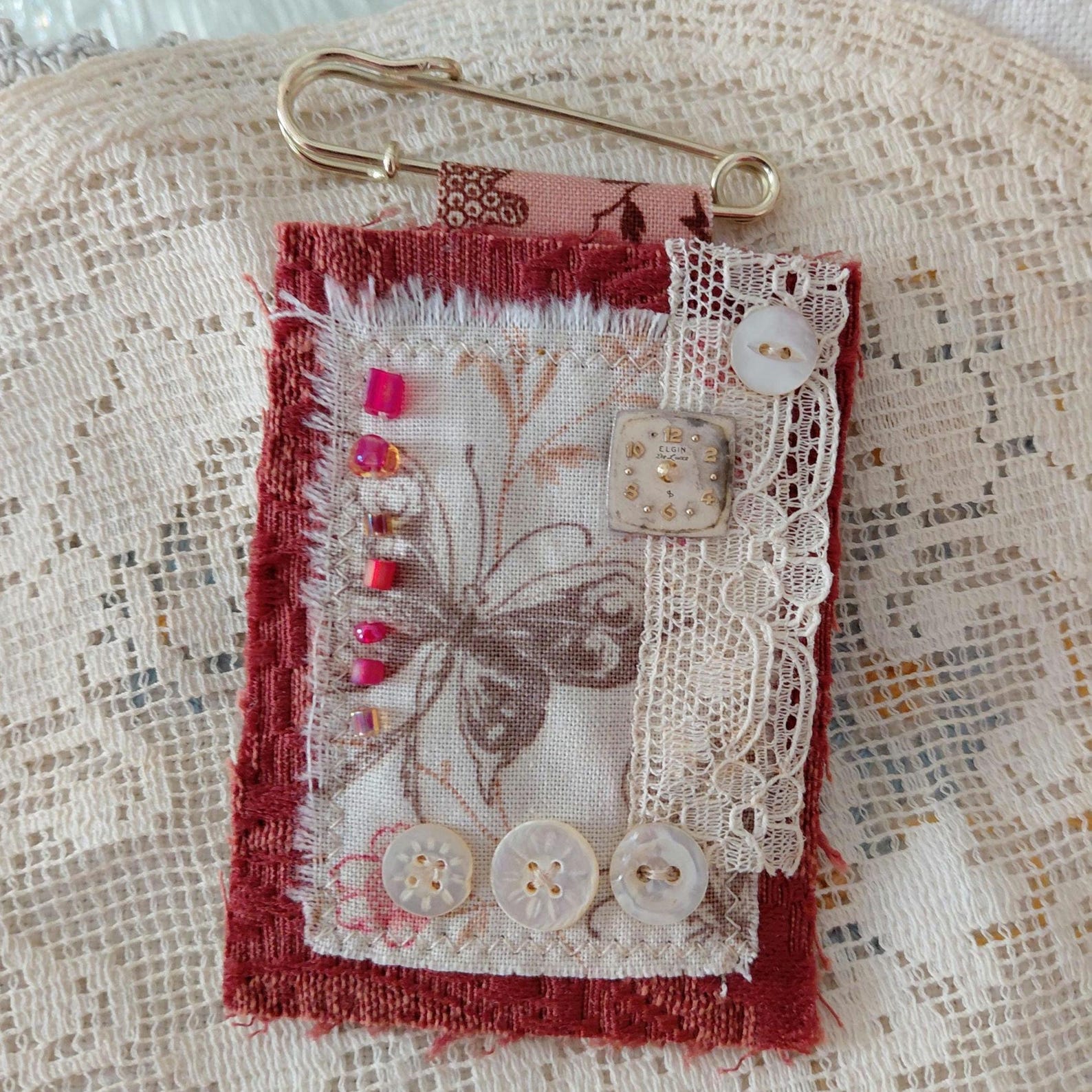 Textile Fiber Art Pin - Butterfly and Watch Dial With Antique Lace ...