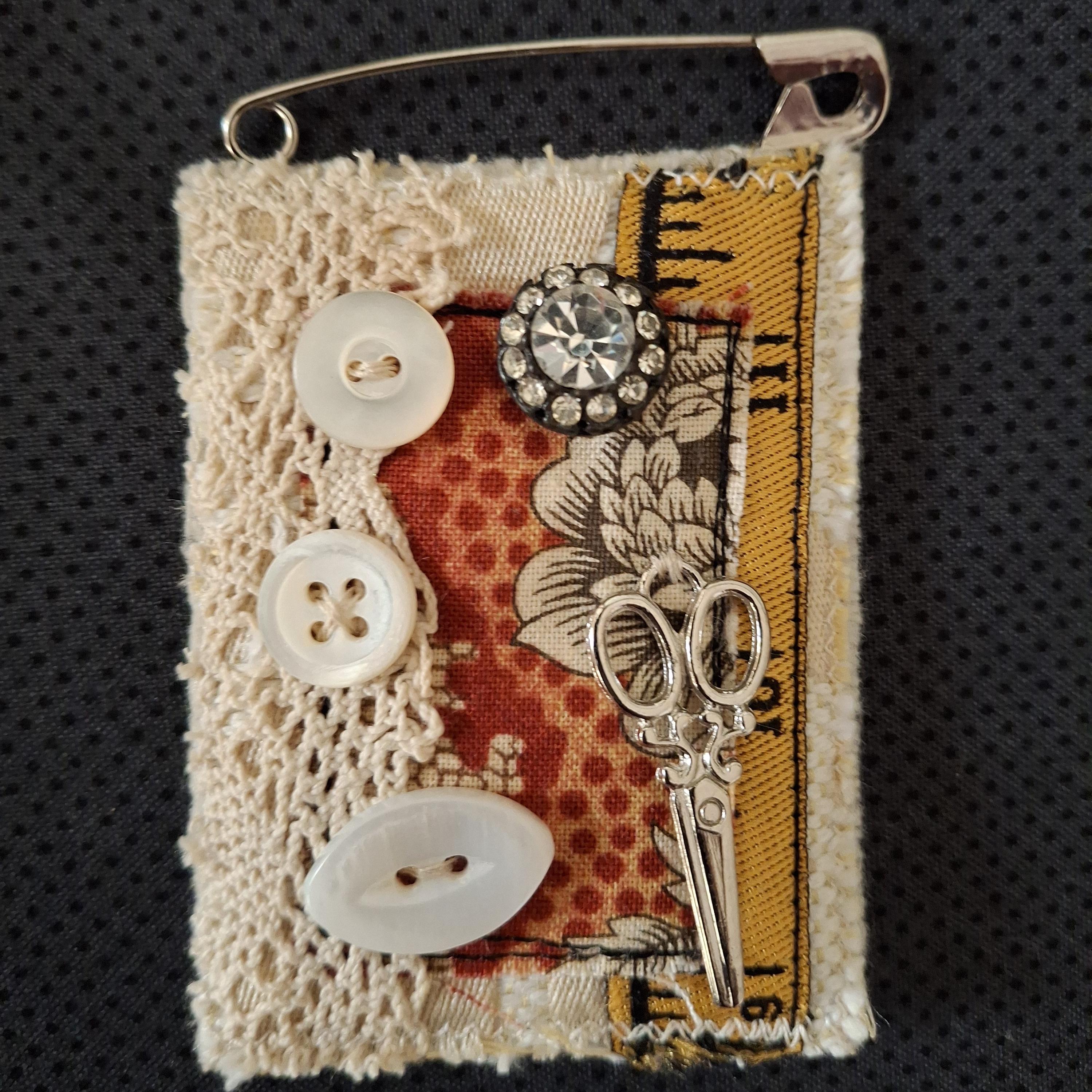 Textile Fiber Art Pin Mini Sewing Brooch With Antique Lace, Buttons and ...