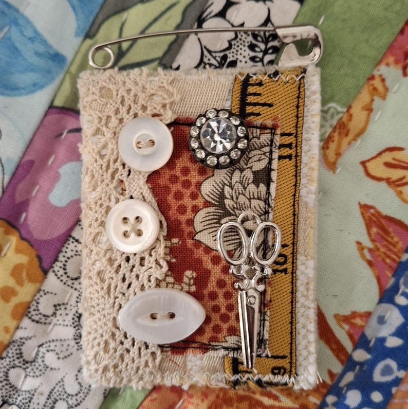 Textile Fiber Art Pin Mini Sewing Brooch With Antique Lace, Buttons and ...