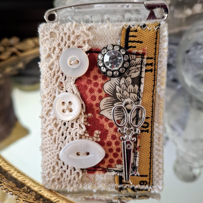 Textile Fiber Art Pin Mini Sewing Brooch With Antique Lace, Buttons and ...