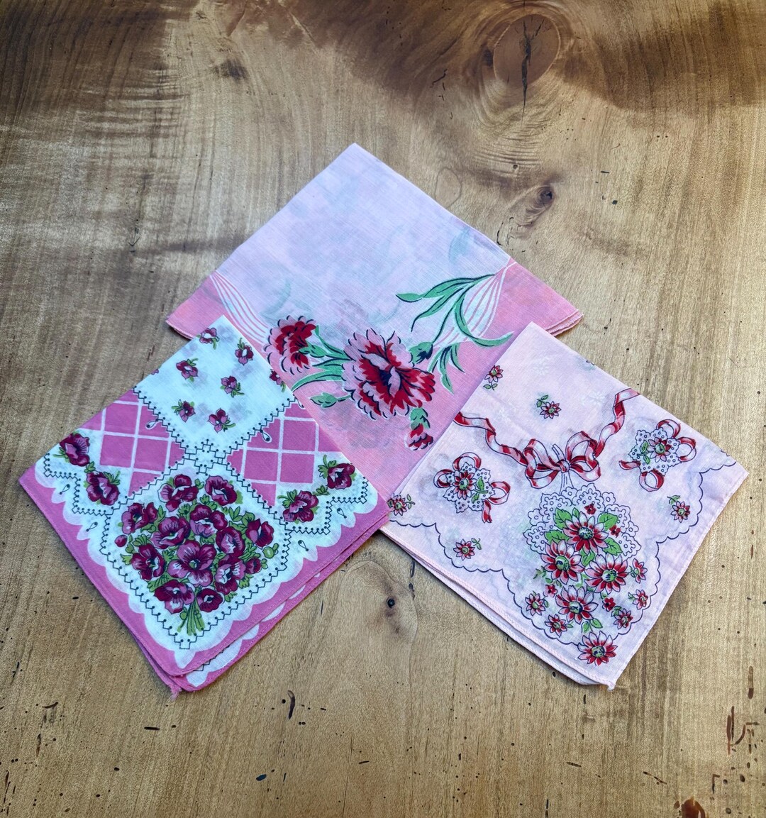 Vintage Three Pink Red Floral Print Bridal Handkerchief Hankie Hanky ...