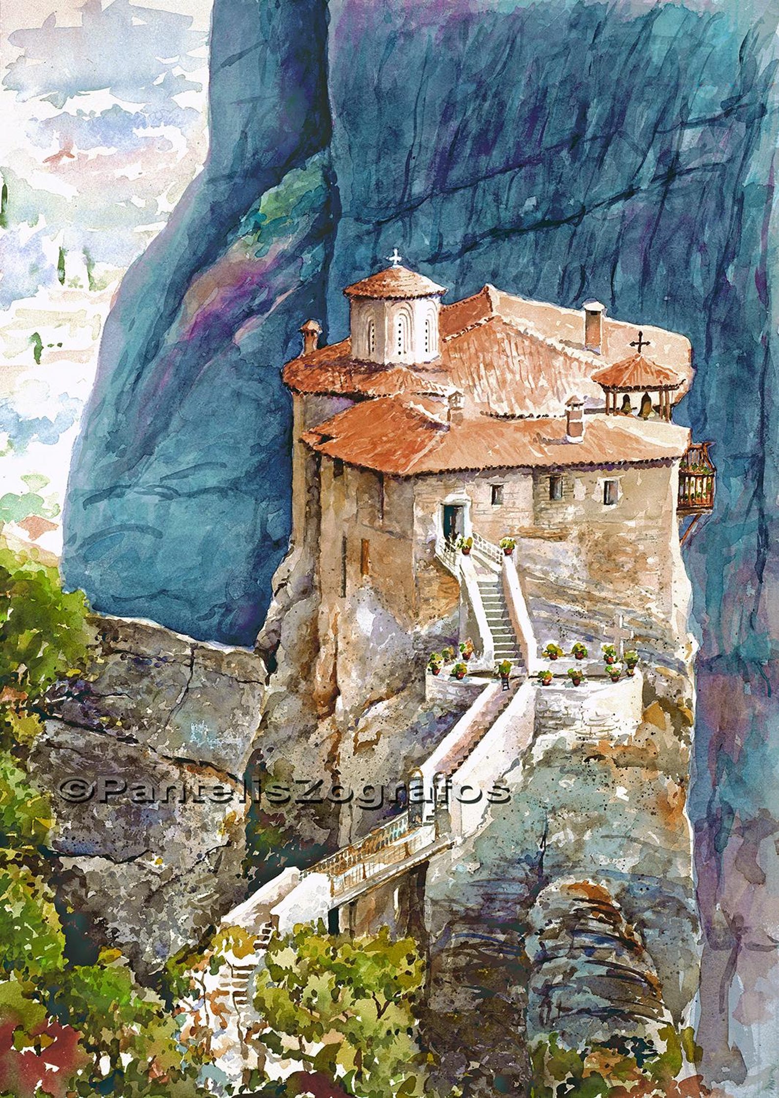 Meteora Greece Watercolor Print, Greek Monastery Wall Art, Holy ...