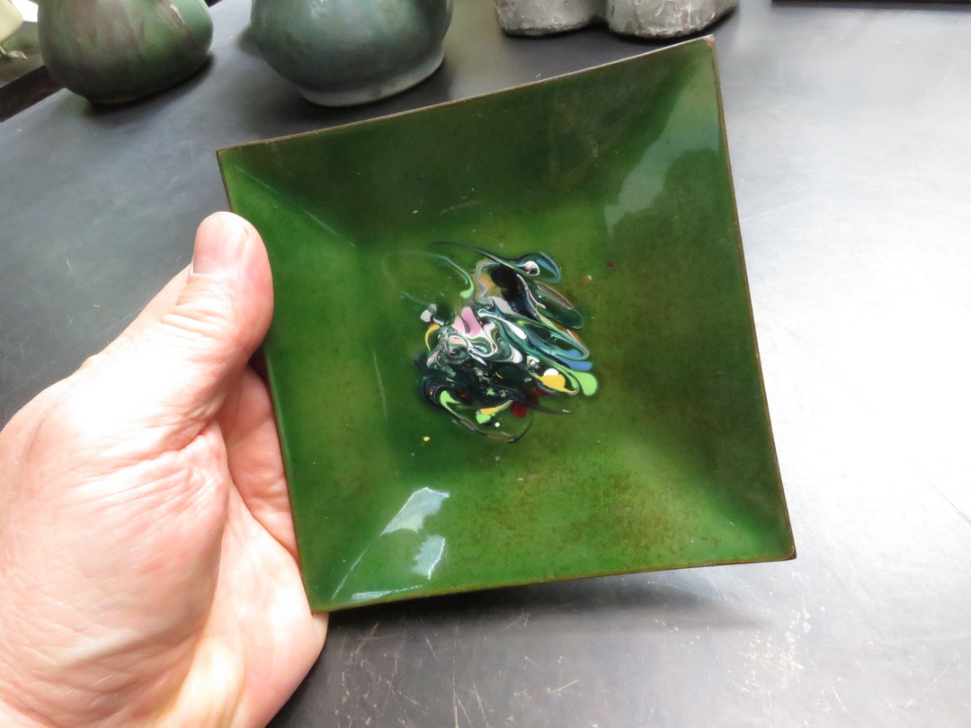 Vintage Gwen Donner Signed Abstract Green Swirls Enamel on Copper MCM ...