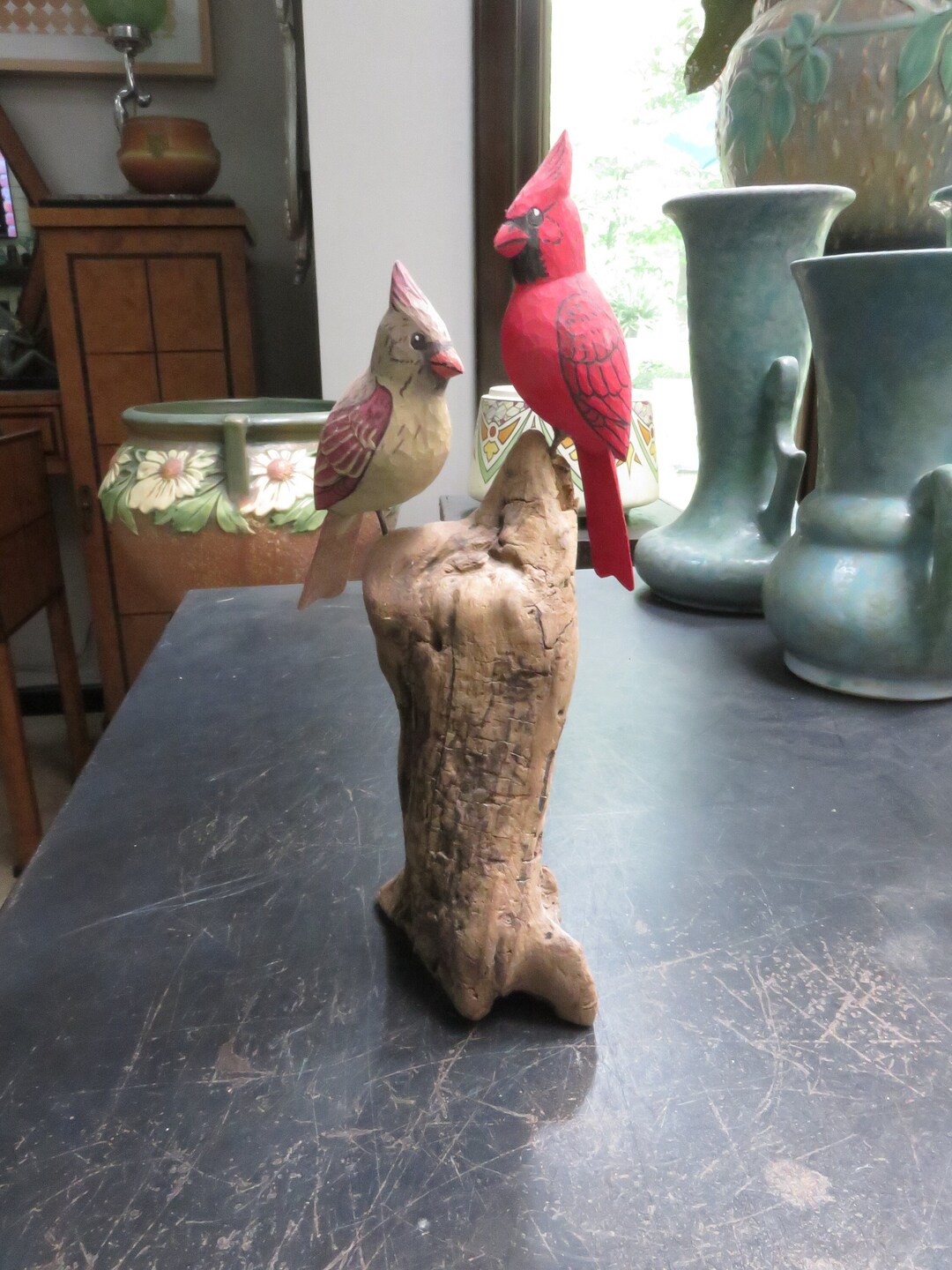 Vintage Wood Wooden Folk Art Cardinal and Other Bird on Driftwood Base ...