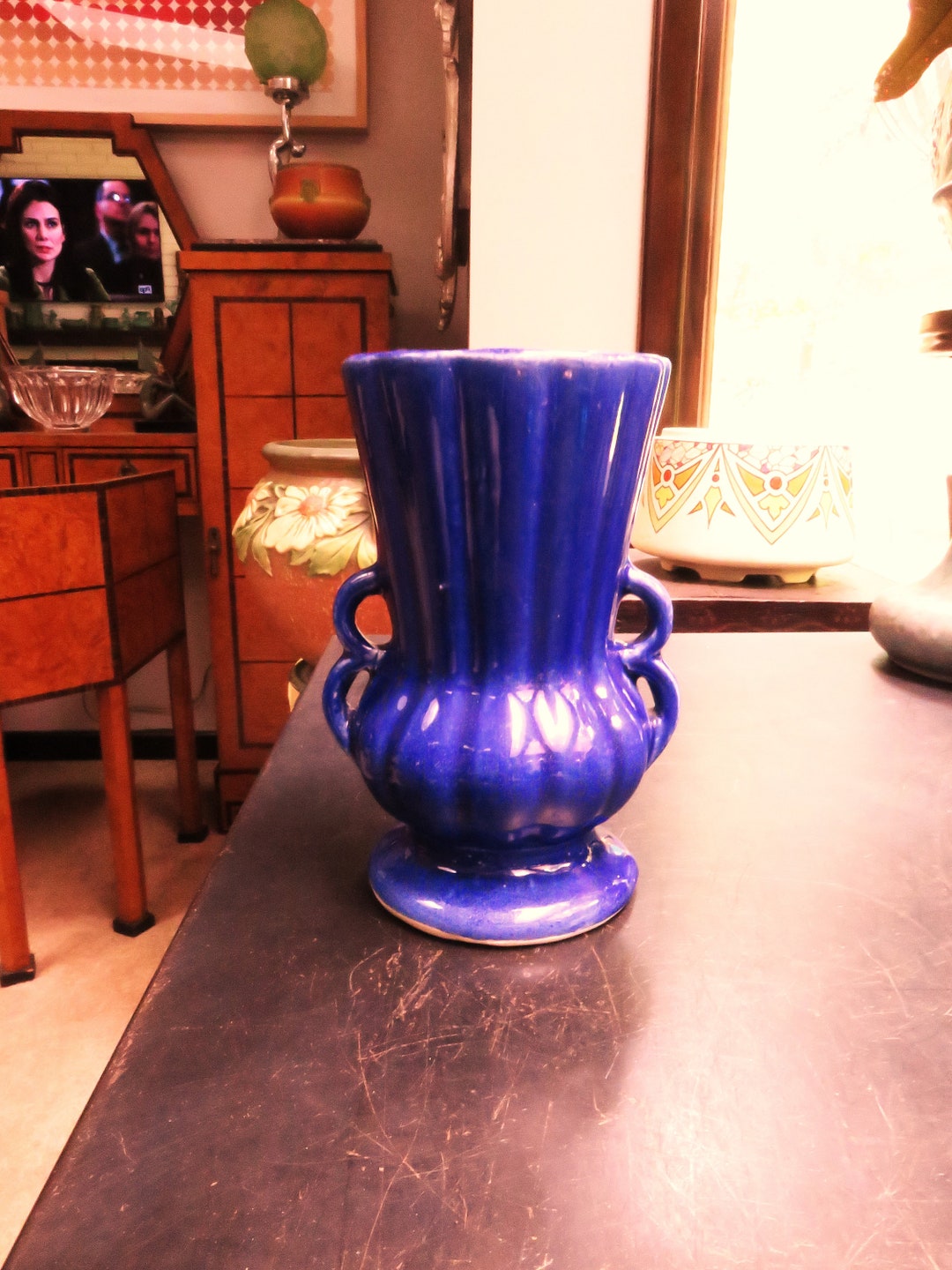 Vintage Mccoy Cobalt Blue Handled Ribbed Vase - Etsy
