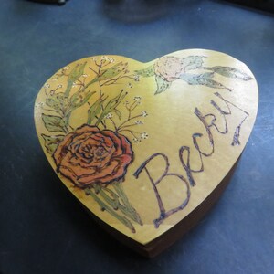 Vintage Pyrography Wood Art Flower Floral Heart Shaped Becky Trinket ...