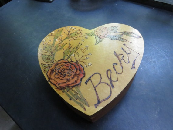 Vintage Pyrography Wood Art Flower Floral Heart Shape… - Gem