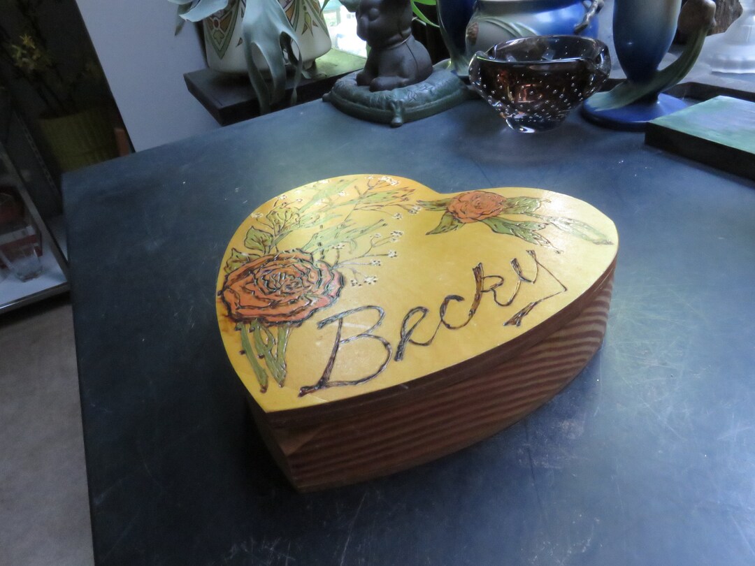 Vintage Pyrography Wood Art Flower Floral Heart Shaped Becky Trinket ...