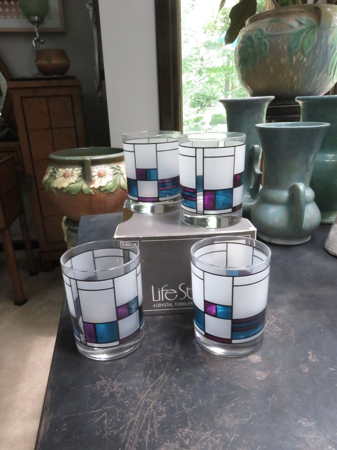 Vintage Lot of 4 Life Style Frosted Purple Blue Cocktail Rocks Glasses ...