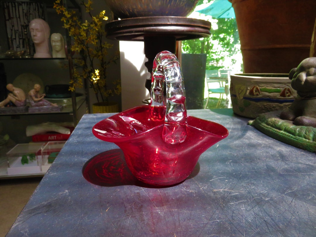 Vintage Blenko ? Hand-blown Art Glass Ruby Red Handled Basket - Etsy