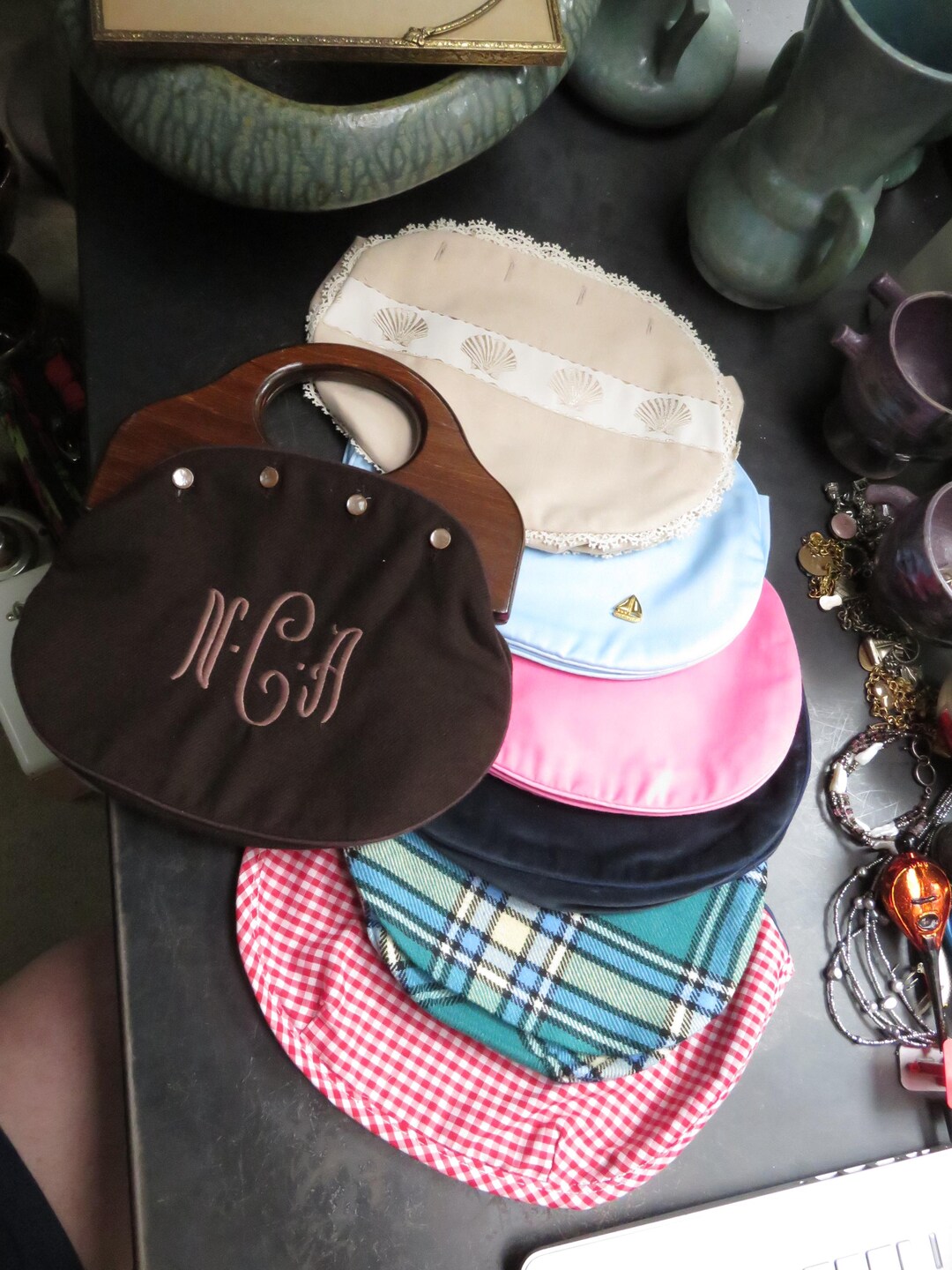Vintage Burlington Bermuda Wood Handled Purse With 6 Covers Reversible ...