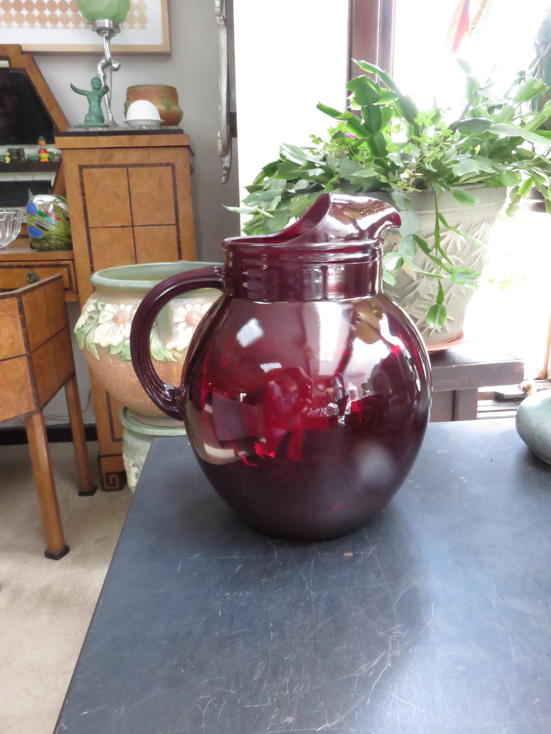 Vintage Anchor Hocking Ruby Red Ball Art Deco Glass Water Pitcher - Etsy