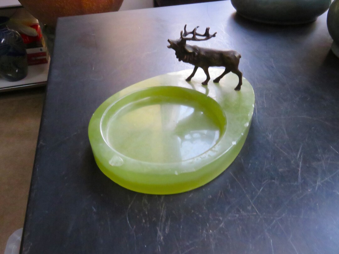 Vintage Germany Green Stone Marble Brass or Bronze Deer Trinket Dish or ...