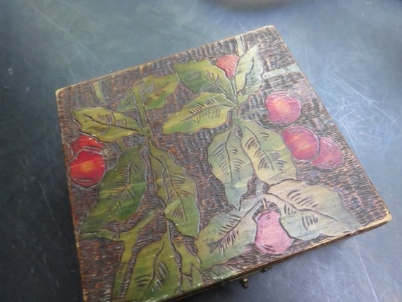 Antique Vintage Pyrography Flemish Art Cherry Cherrie… - Gem