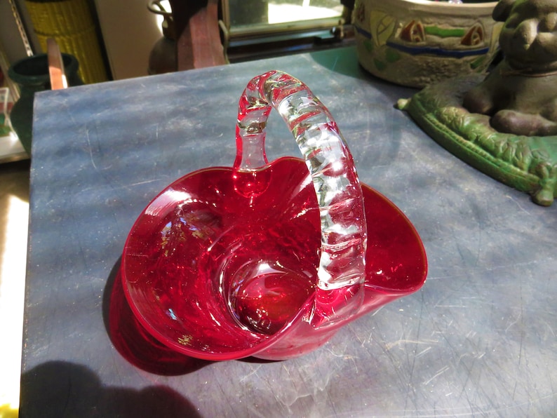 Vintage Blenko ? Hand-blown Art Glass Ruby Red Handled Basket - Etsy