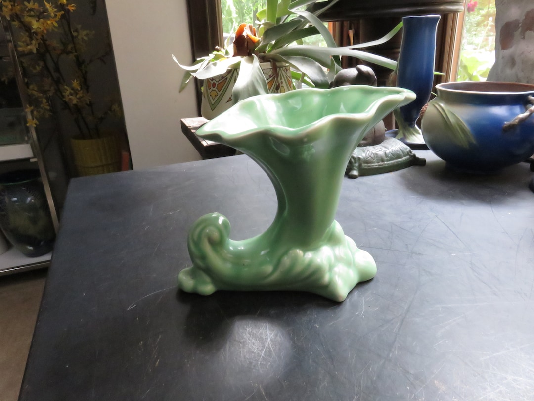 Vintage Cameron Clay Green Cornucopia Vase - Etsy