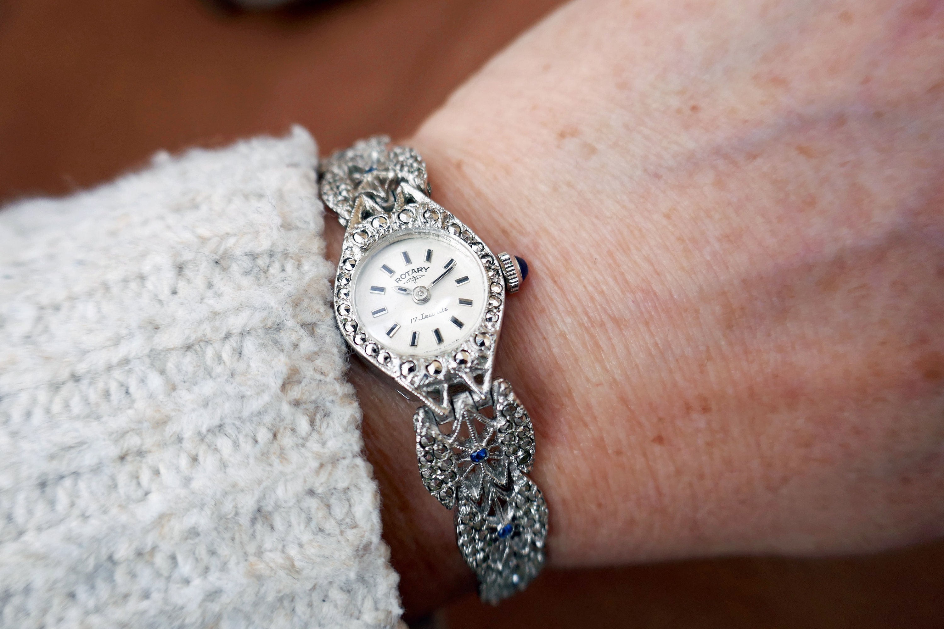 Rotary 1950's 17 Jewel Swiss Made Marcasite Case & Strap Manual Wind ...