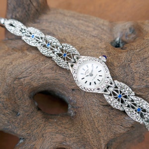 Rotary 1950's 17 Jewel Swiss Made Marcasite Case & Strap Manual Wind ...