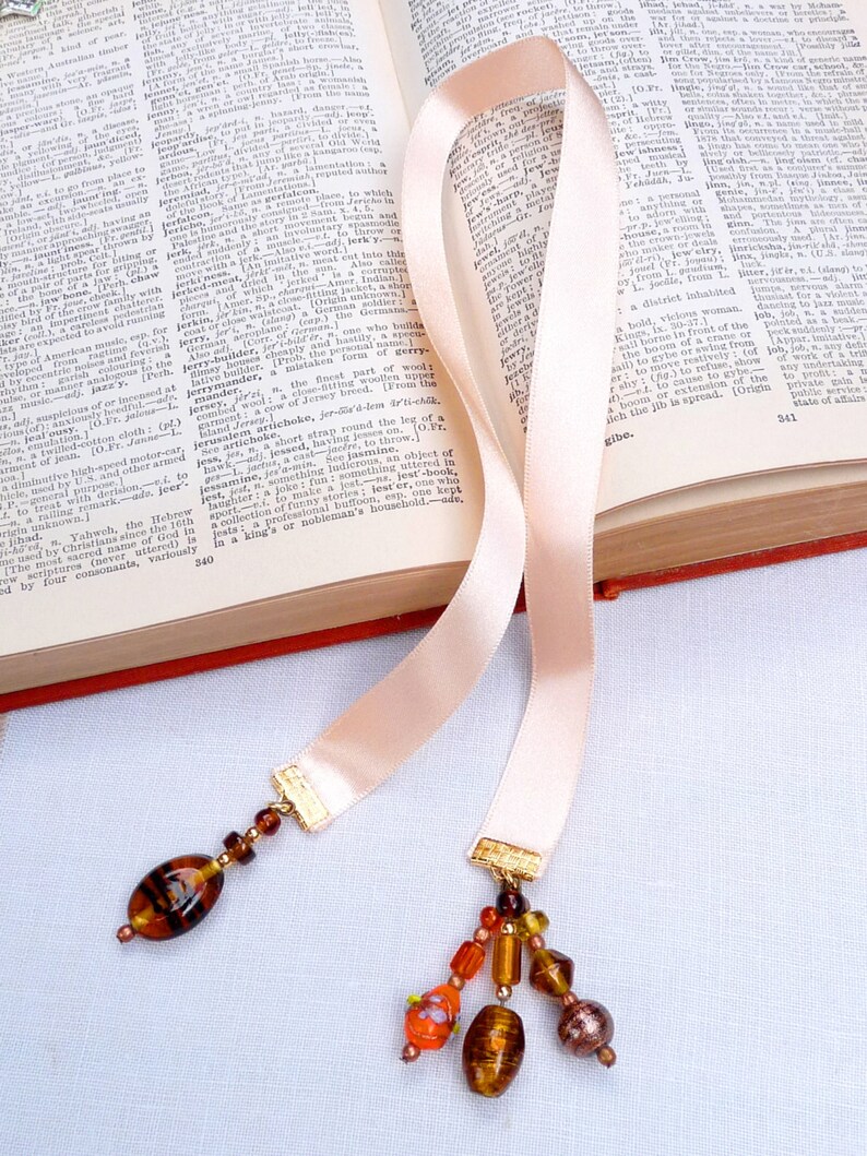 Beaded Ribbon Bookmark Pale Peach Satin Ribbon, Book Mark, Page Keeper ...