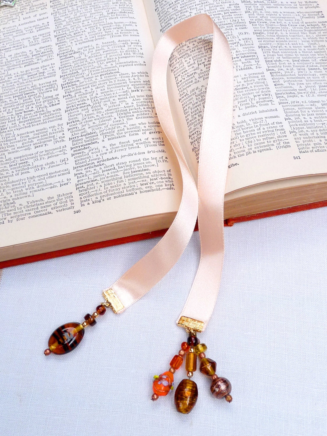 Beaded Ribbon Bookmark Pale Peach Satin Ribbon Book Mark - Etsy