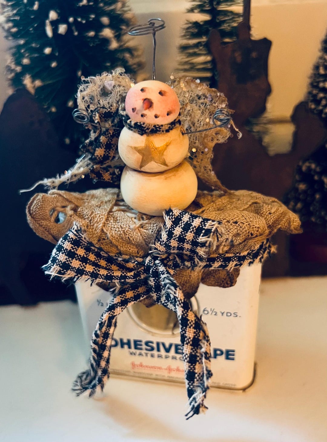 Snowman Angel on Vintage Adhesive Tape Tin - Etsy