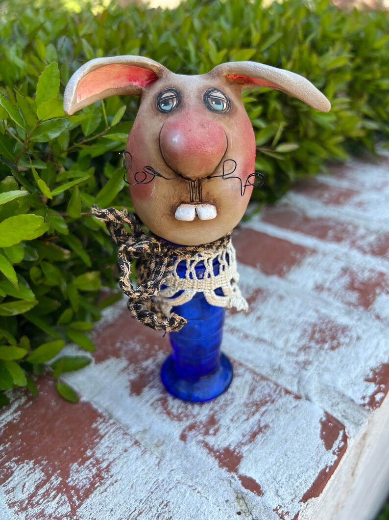 Paperclay Bucky Bunny on Vintage Cobalt Blue Shaker - Etsy
