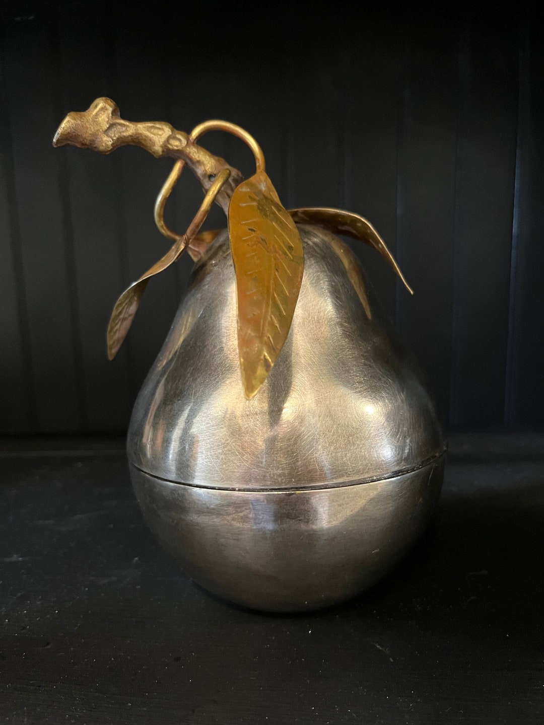 Rare Vintage Silver Plate Pear Dish With Lid, Brass Steam and Leaves ...