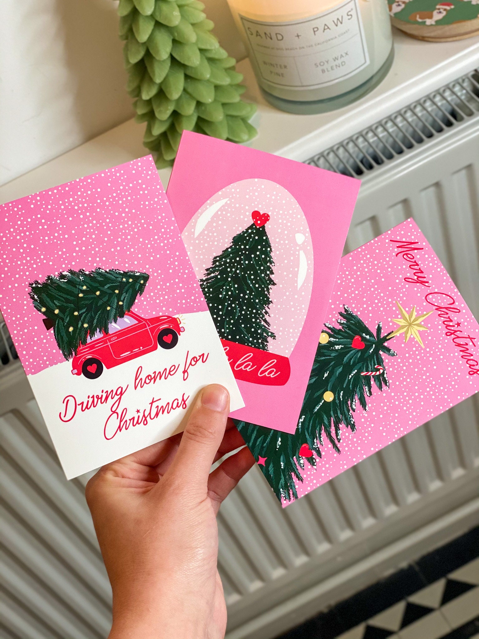 Pack of 3 Christmas Tree Themed Christmas Card Pink - Etsy