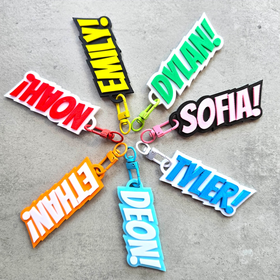 Custom Kids Name Tags! Comic Theme Name Tag, Custom Keychain Beach Bag ...