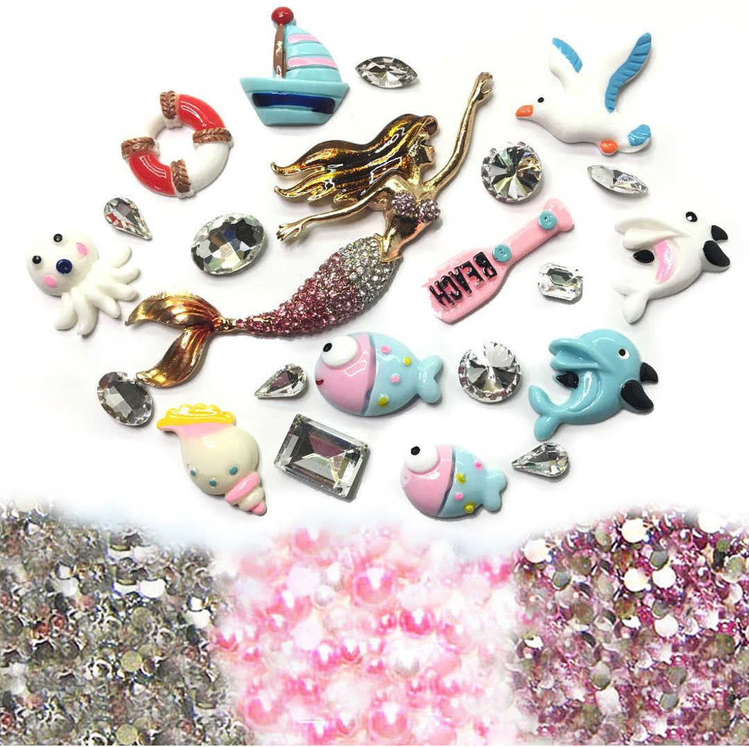 DIY 3D Pink Rhinestones Mermaid Alloy Bling Bling Glass Gems Kawaii ...