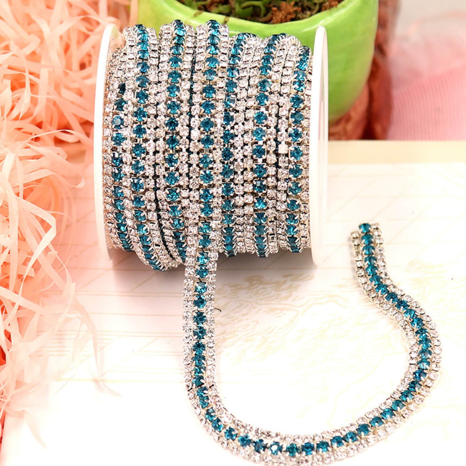 3 Row Silver Tone Teal + Clear Rhinestones Trim - Crystal Chain ...