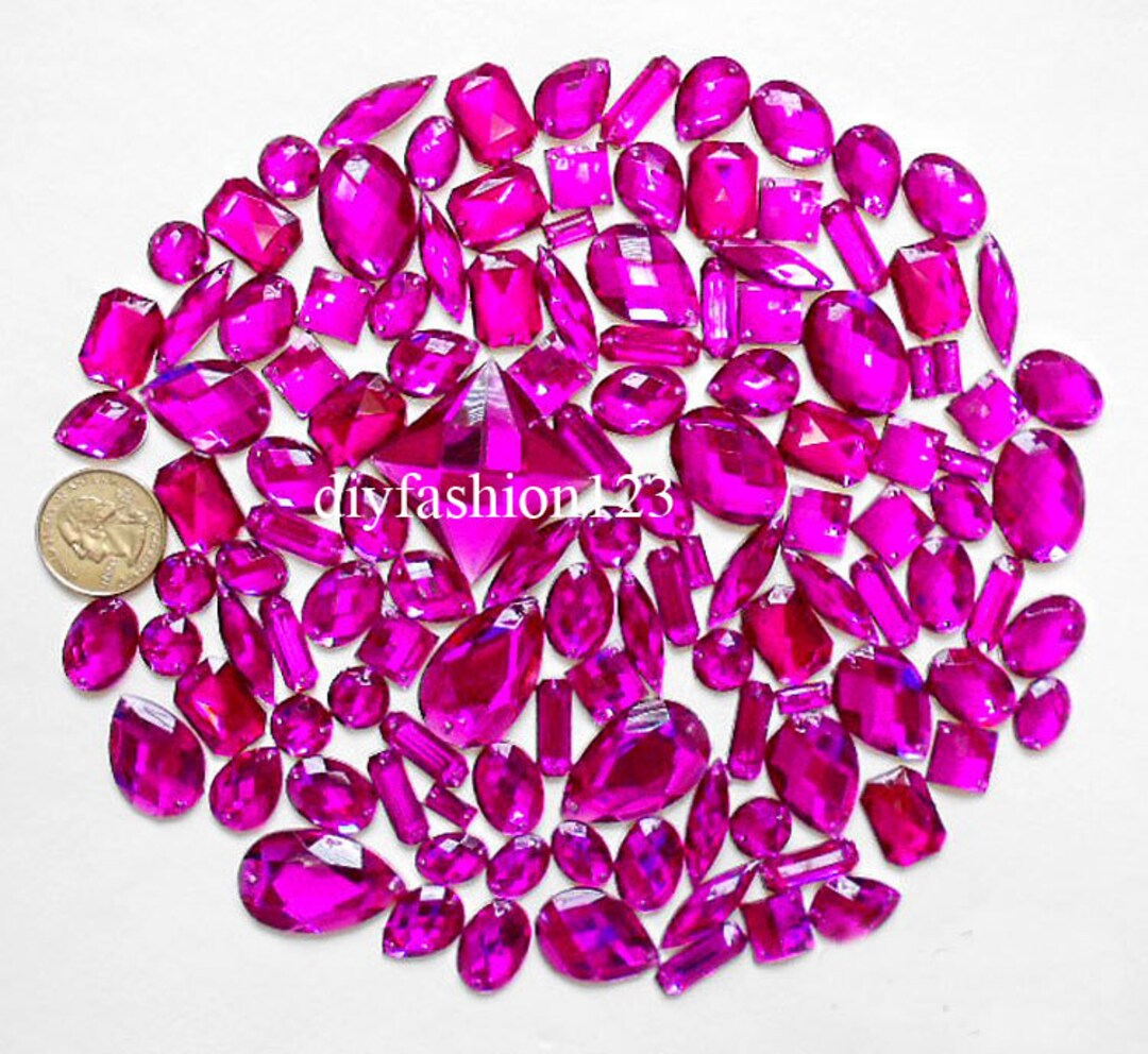 100 Pcs Lot --- Sew-on Gems / Beads --- Fuchsia Mixed Shapes Flat Back ...