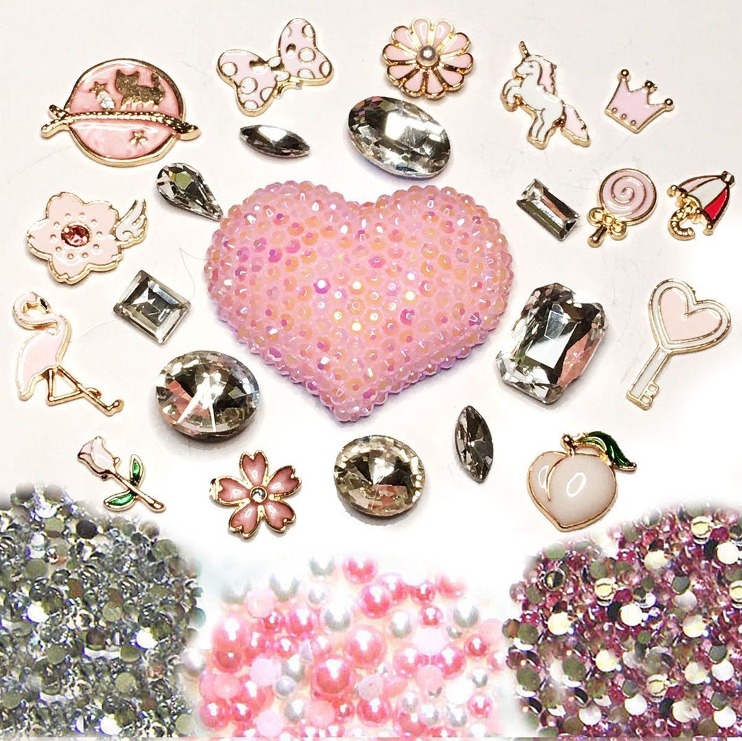 DIY 3D Blinged AB Pink Jelly Heart Bling Bling Alloy Flatback Decoden ...