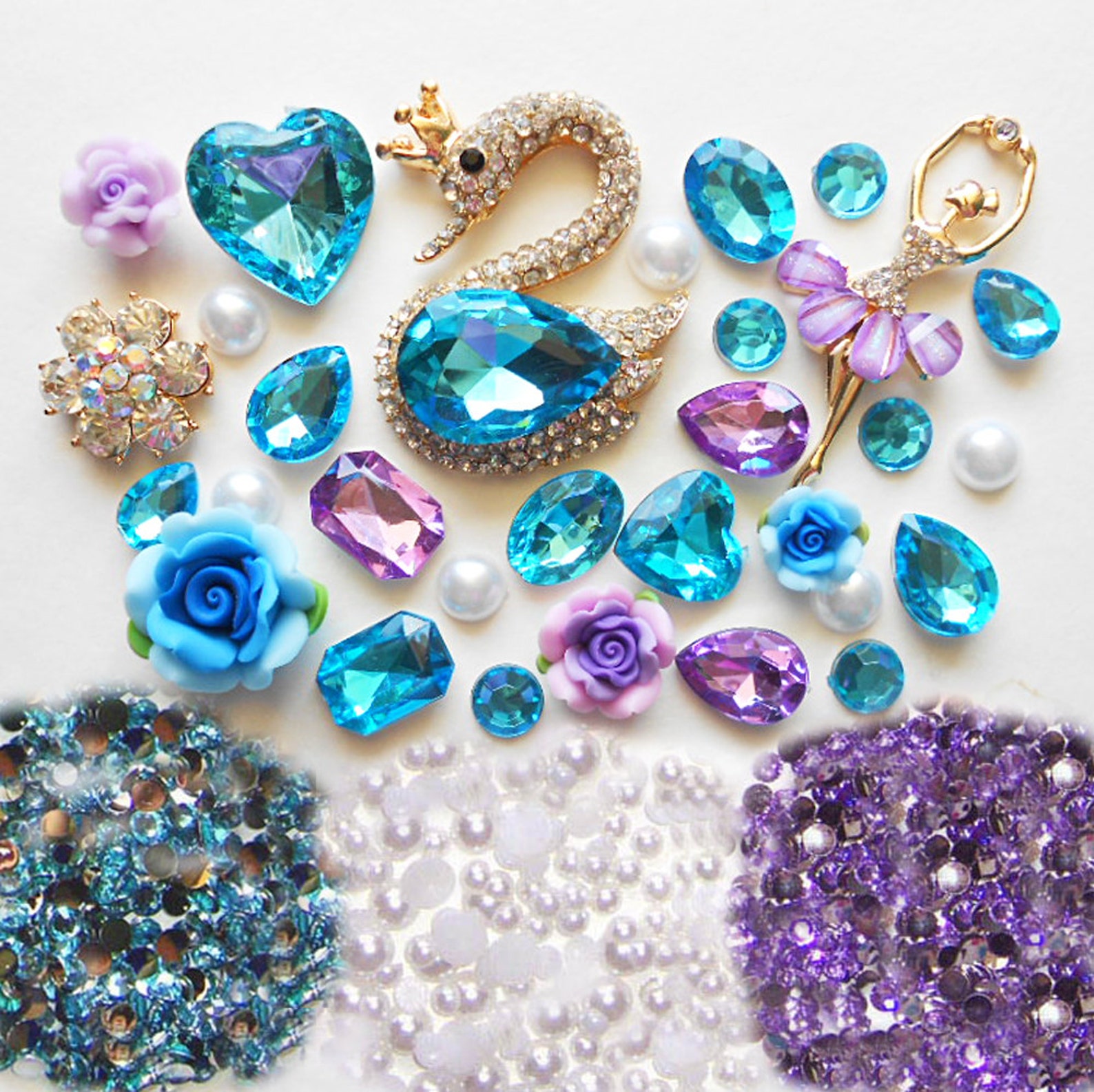 Sale -- DIY 3D Blue Crystal Swan Bling Bling Kawaii Resin Flatback ...