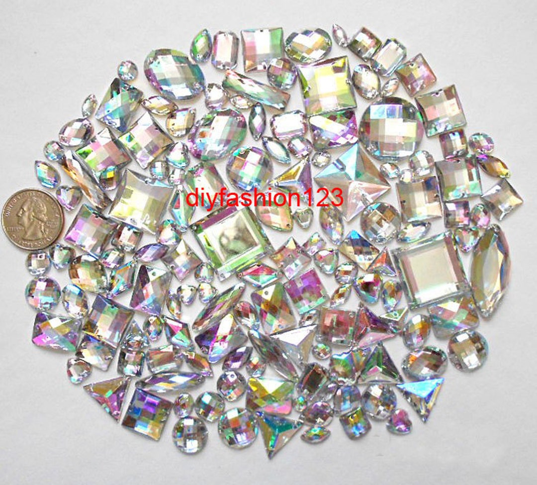 100 Pcs Lot --- Sew-on Gems / Beads --- AB Clear Mixed Shapes Flat Back ...