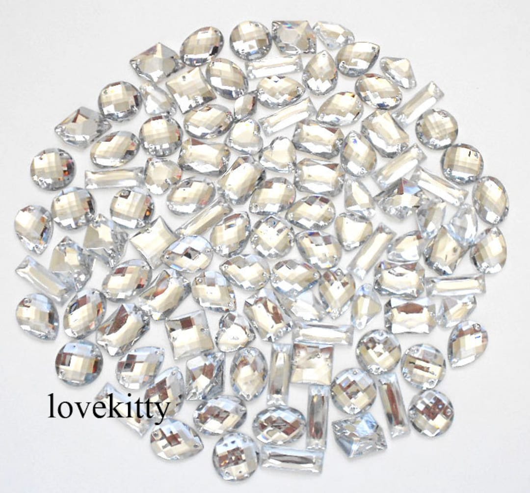 100 Pcs Lot --- Sew-on Gems / Beads --- Clear Mixed Shapes Flat Back ...