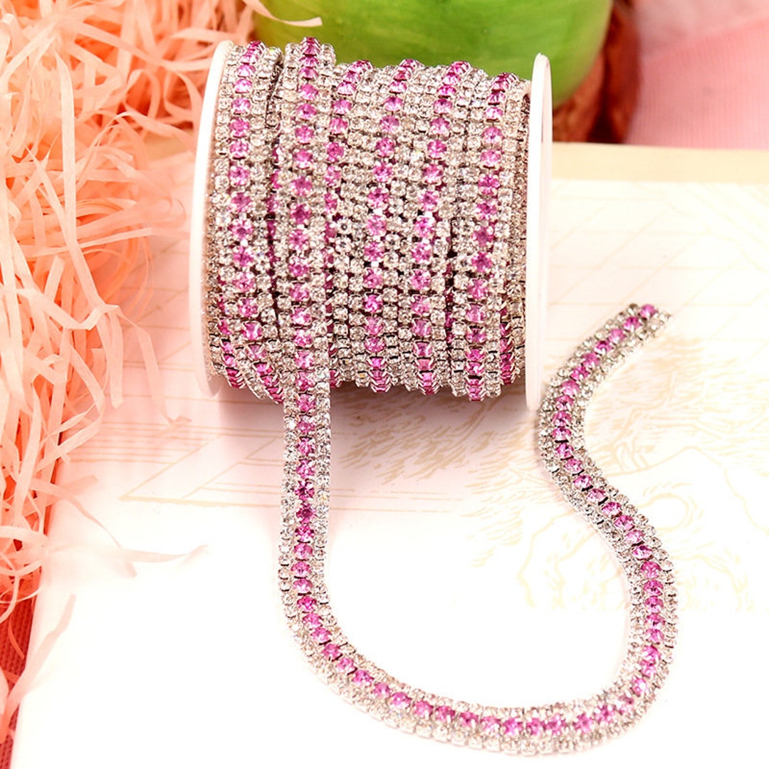 3 Row Silver Tone Pink + Clear Rhinestones Trim - Crystal Chain ...