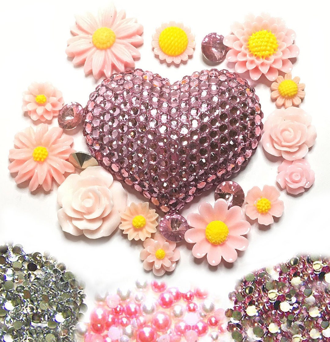 DIY 3D Blinged Pink Heart Bling Bling Kawaii Resin Flatback Decoden ...
