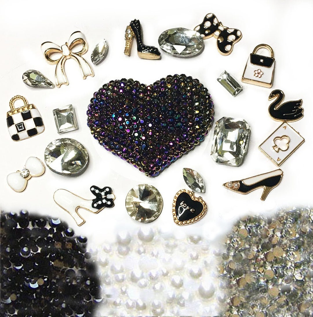 DIY 3D Blinged AB Jelly Black Heart Bling Bling Alloy Flatback Decoden ...