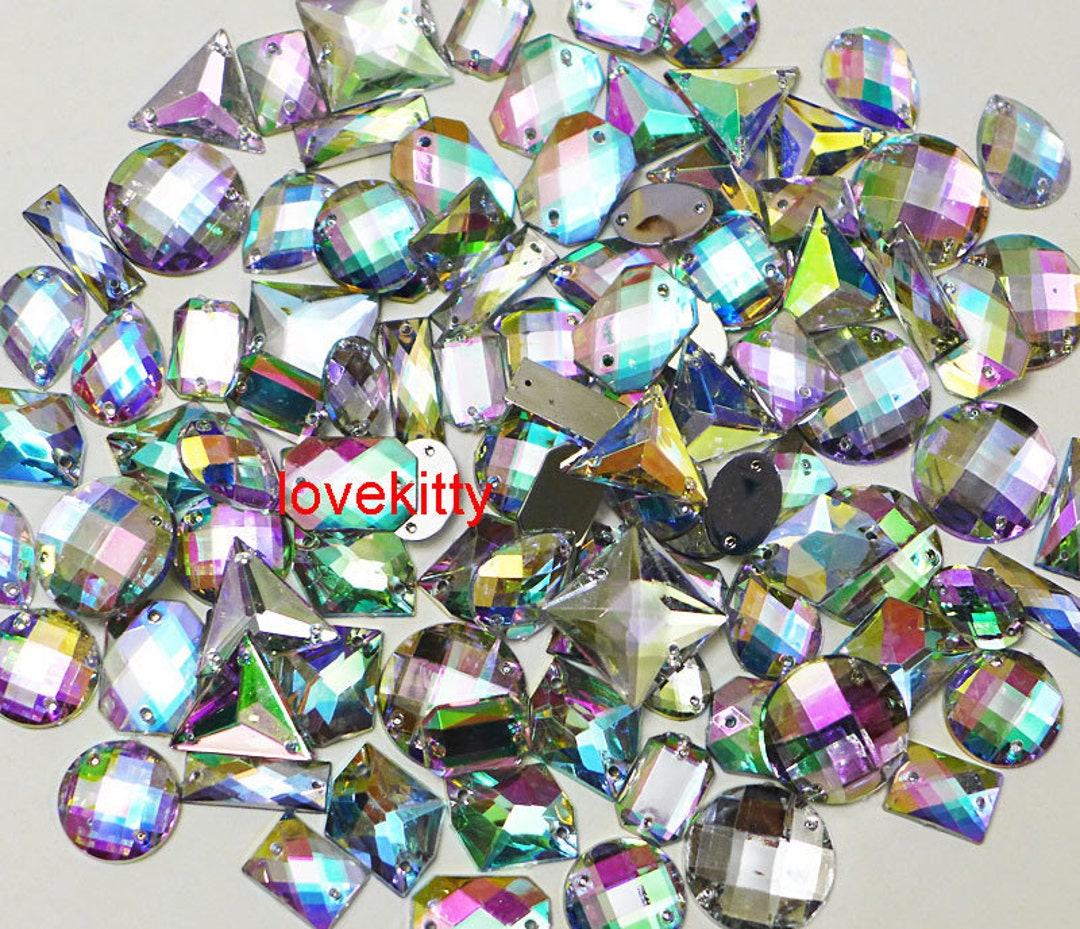 100 Pcs Lot --- Sew-on Gems / Beads --- AB Clear Mixed Shapes Flat Back ...