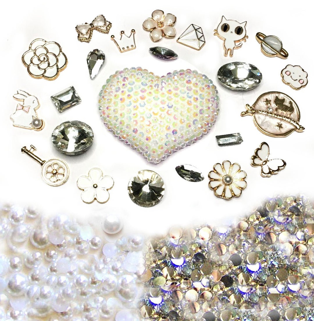 DIY 3D Blinged AB Jelly White Heart Bling Bling Alloy Flatback Decoden ...