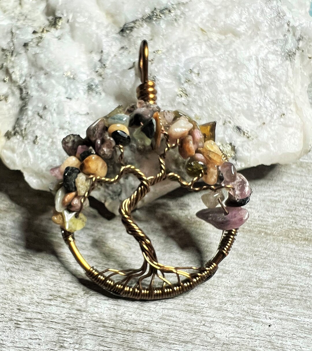 Tourmaline Tree of Life Pendant, Antique Brass Tree-of-life, Mixed ...