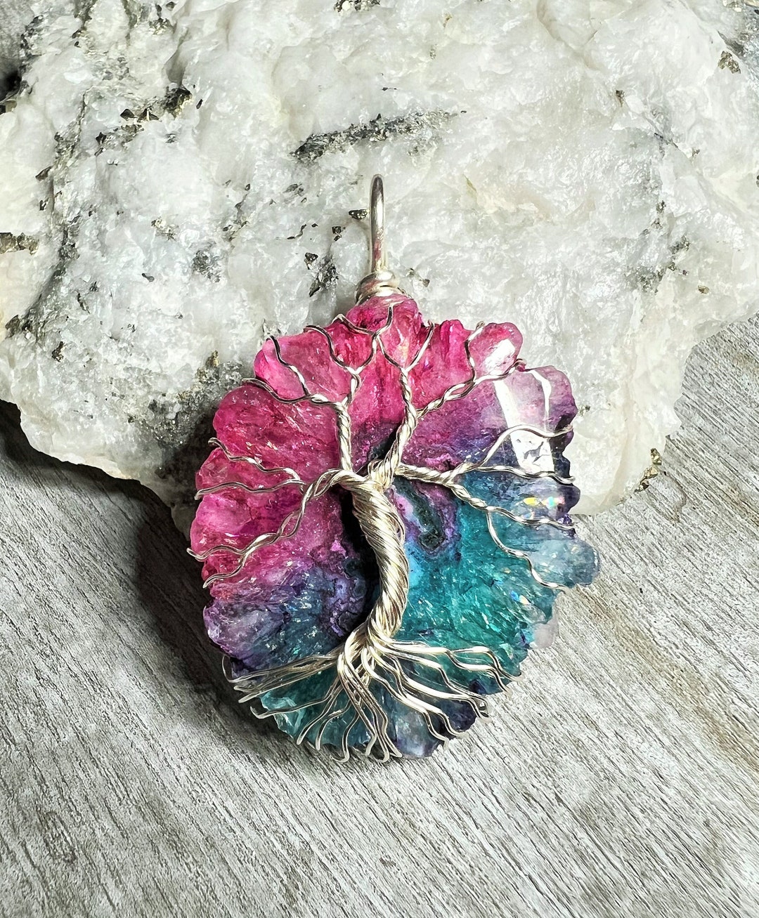 Solar Quartz Tree of Life, White Solar Quartz Wrapped Stone, Silver ...