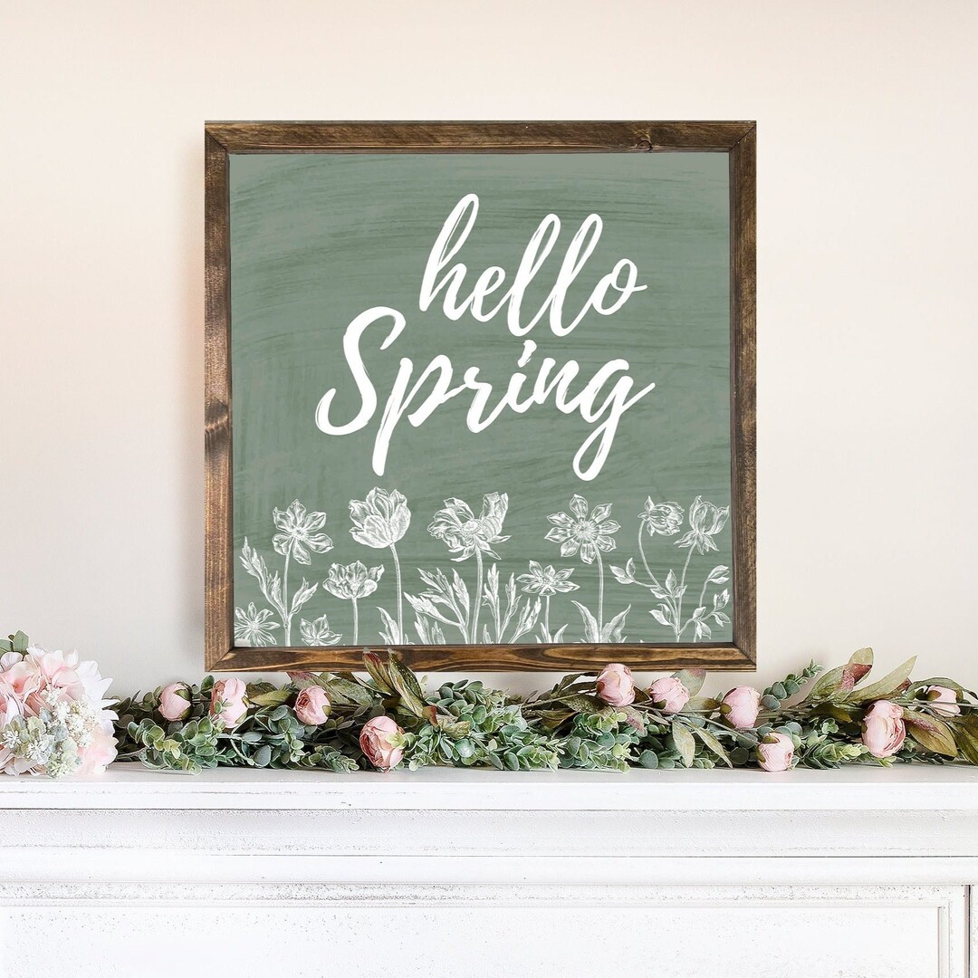 Floral Green Hello Spring | Wood Farmhouse Sign | Spring Signs | Spring ...