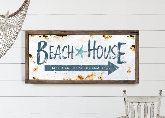 Beach House Sign Coastal Farmhouse Wall Decor Large Rustic | Etsy