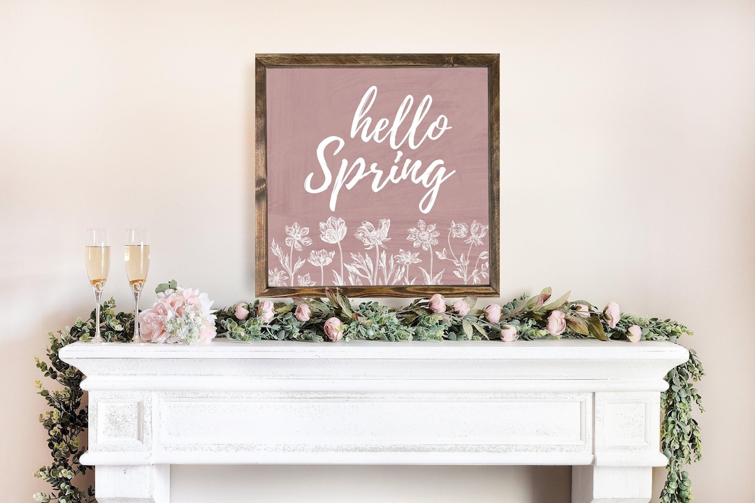 Floral Hello Spring | Wood Farmhouse Sign, Spring Wall Art, Pink Spring ...