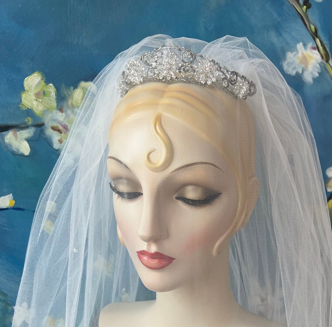 Princess Bride Crown Blusher Chapel Veil Crystal Glass Beaded Crown ...